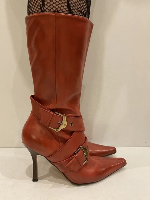STUNNING FAITH RED Leather Mid Calf Y2K Pointed Toe Boot UK7 VGC With ...