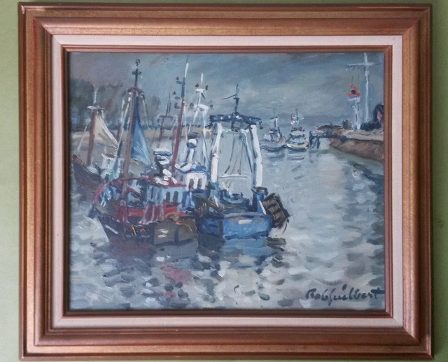 TABLEAU HUILE HST marine signée Robert Guilbert Le Havre Fécamp atelier ...