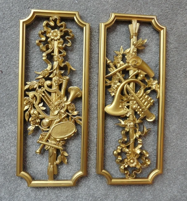 PAIR VINTAGE SYROCO Homco Gold Musical Instrument Wall Plaques 1960's £ ...