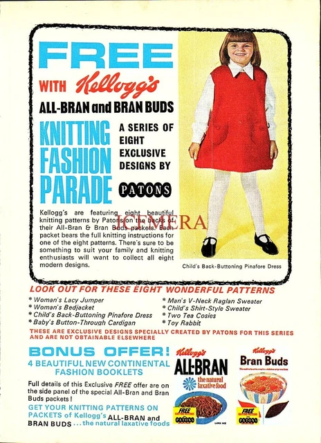 KELLOGGS ALL BRAN Cereal Knitting Patterns ADVERT Vintage 1966 Print Ad ...
