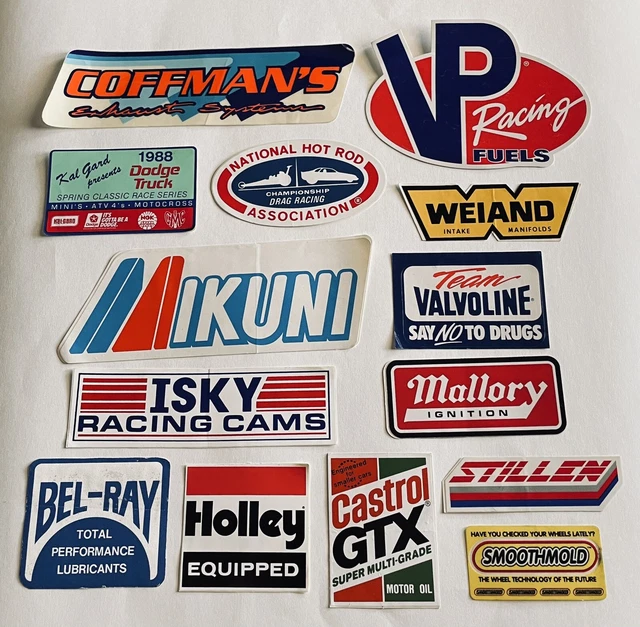 VINTAGE RACING DECALS Stickers Lot (14) Vp Fuel Holley Castrol Bel-Ray ...