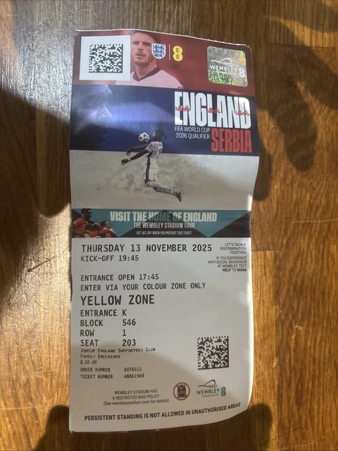 ENGLAND V SERBIA 2026 World Cup Qualifier Ticket Stub £3.98 - PicClick UK