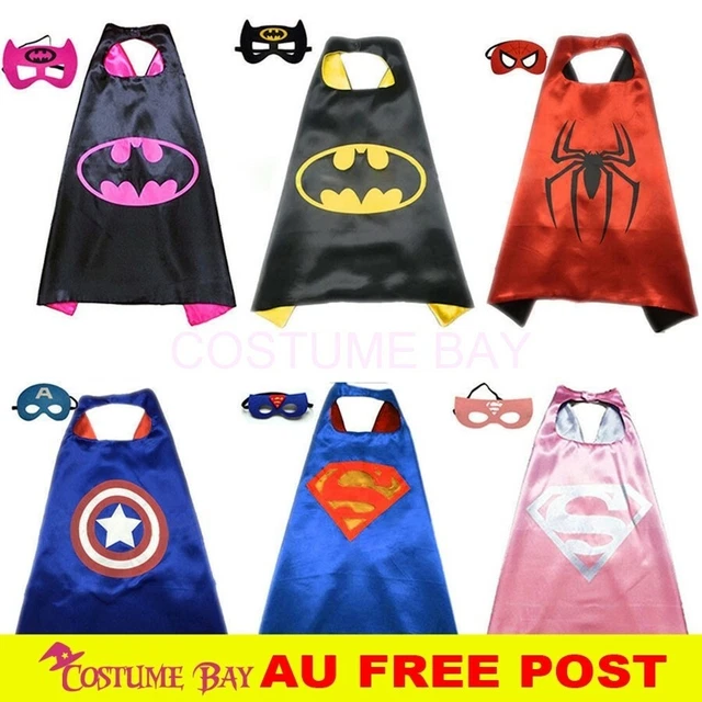KIDS PJ SUPERHERO Cape & Mask Set Boy Girl Superman Spiderman Halloween ...