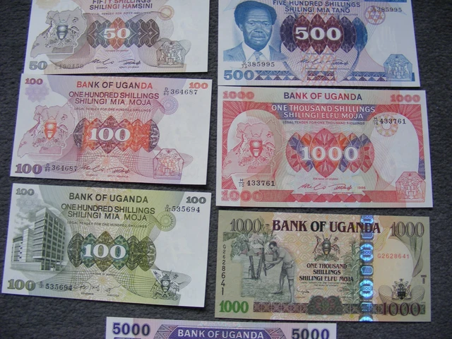 B619 UGANDA BANKNOTES Lot of 9 different 50 - 5000 Shillings unc as ...