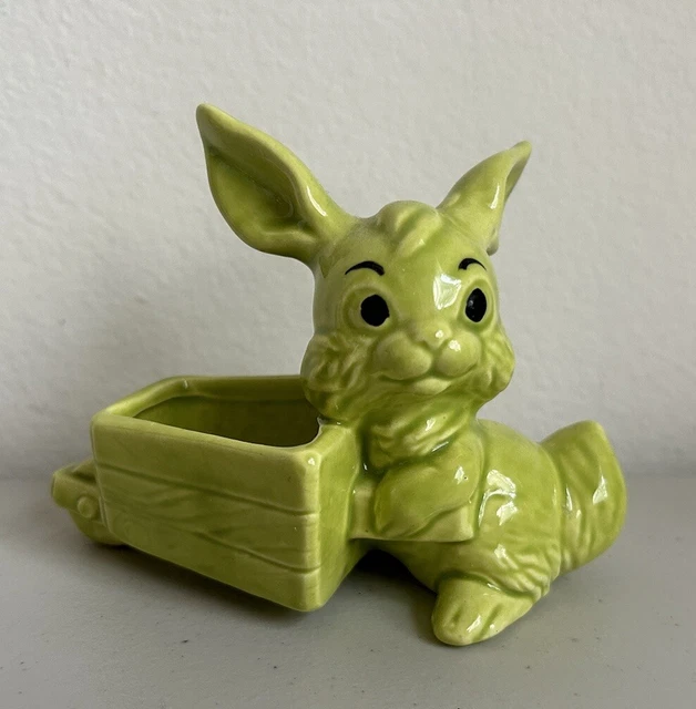 VINTAGE BUNNY RABBIT With Wheelbarrow Pottery Tabletop Planter or Candy ...