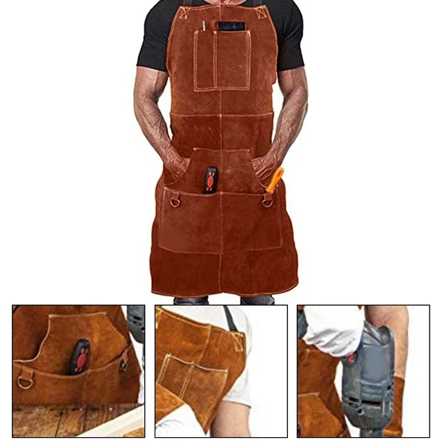 WORKSHOP HEAVY DUTY Apron Cowhide Welding Apron 6 Large Pockets Tool ...