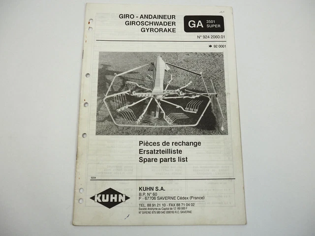 KUHN GA3501 SUPER Giroschwader Ersatzteilliste Ersatzteilkatalog parts ...