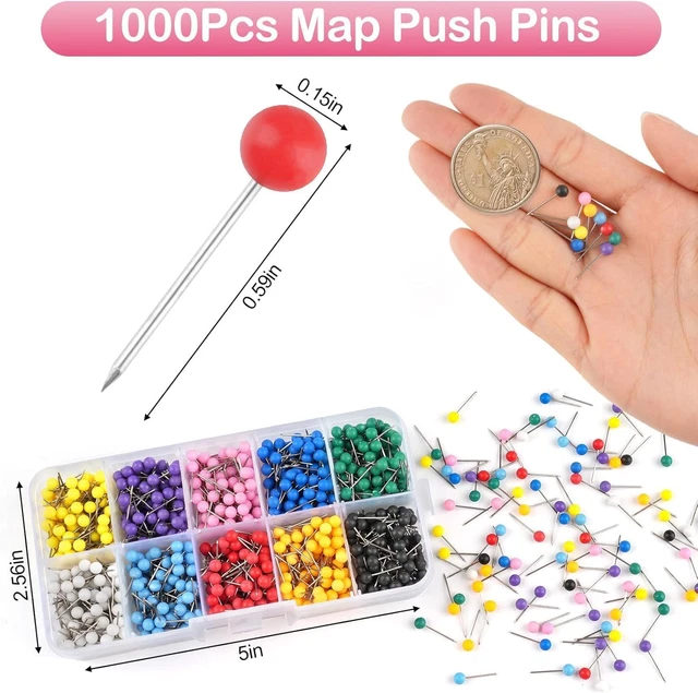 1000 PCS MULTI-COLOR Push Pins Tacks, Map Push Pins Travel Map, 1/8 ...