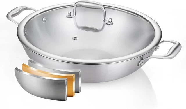 TRI-PLY STAINLESS STEEL Wok Pan with Lid 12Inch Large Deep Frying Pan ...