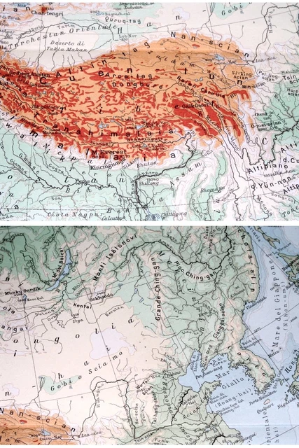 1927 ORIGINAL VINTAGE Italian Physical Map Of Asia China Himalaya ...