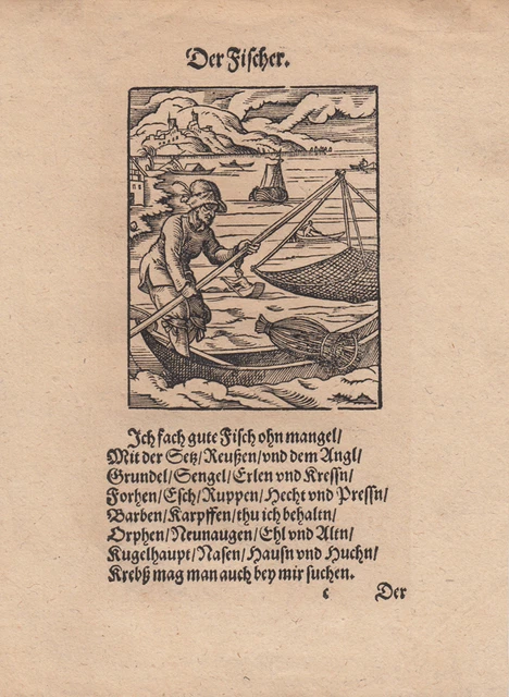 THE FISHERMAN ORIG woodcut Jost Amman 1568 Hans Sachs stand book £40.61 ...