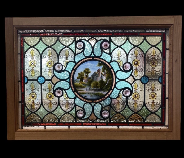 EXQUISITE VICTORIAN STAINED Glass Hand Painted Window Panel Old ...