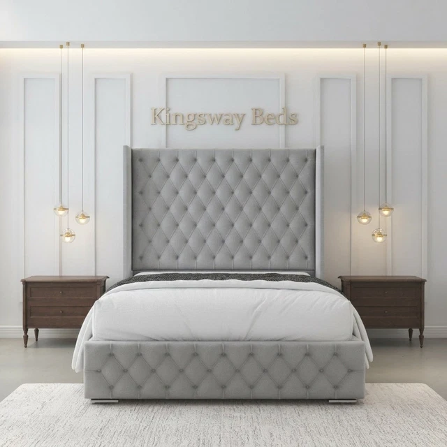 WINGED CHESTERFIELD PLUSH Bed with Gas Lift Storage Double and King All ...