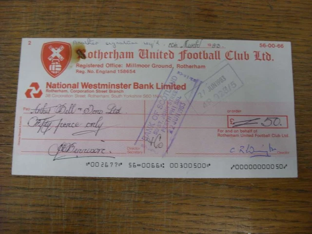 10/03/1983 ROTHERHAM UNITED: Official Used Bank Cheque - Athur Bell And ...