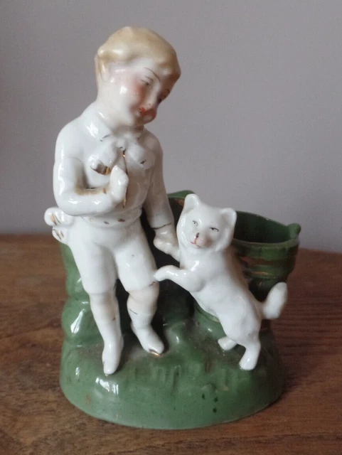 ANTIQUE GERMAN FAIRING Figurine Match Holder Striker Boy With Dog 19Thc ...