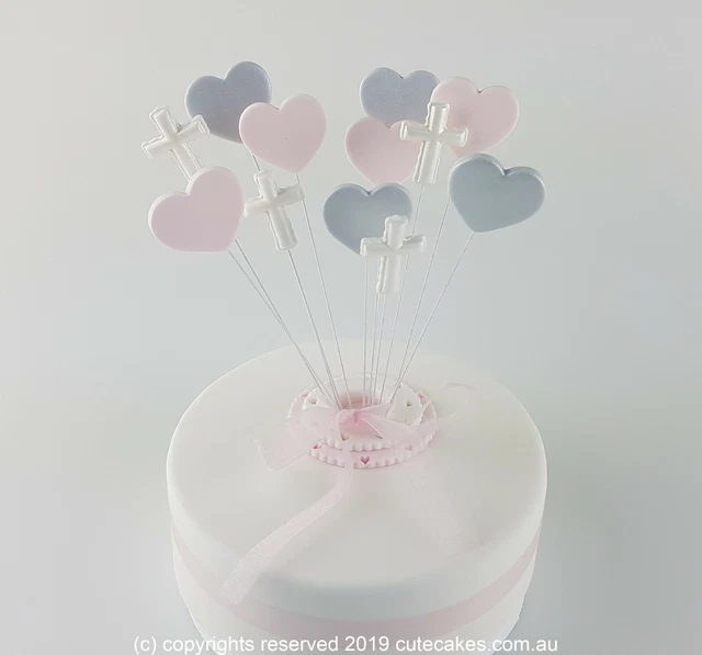 CHRISTENING BAPTISM GIRL Holy Communion Cake Topper Baby Cross Hearts ...