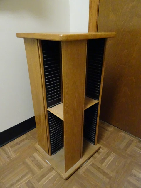 VINTAGE WOOD ROTATING/SPINNING 128 CD Storage Tower Floor Rack Carousel ...