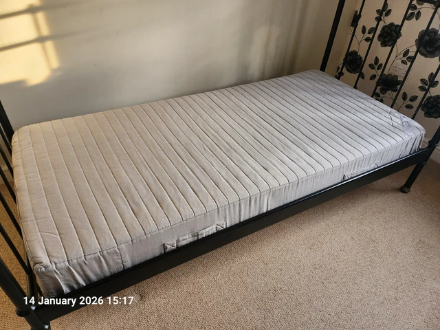 SINGLE VICTORIAN STYLE black metal bed, with brass effect finials and ...