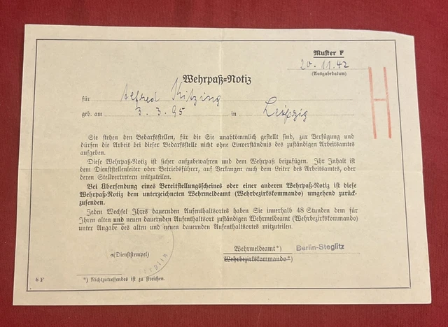 1942 THIRD REICH Military Passport Note Wehrmacht NAZI German Document ...