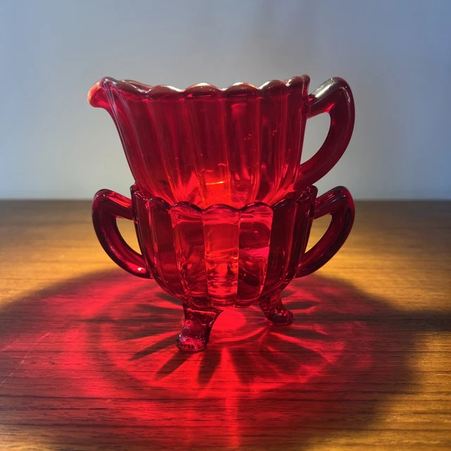 VINTAGE IMPERIAL GLASS Ruby Red Pillar Flute Footed Creamer and Open ...