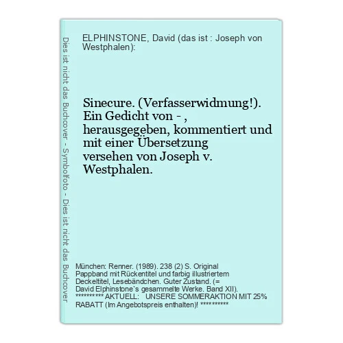 SINECURE. (VERFASSERWIDMUNG UN Poème De - Elphinstone, David (le / La ...