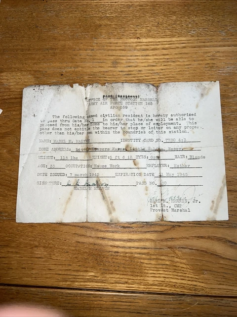 WW2 CIVILIAN PASS Issued By Provost Marshall At RAF Lt. Walden USAAF ...