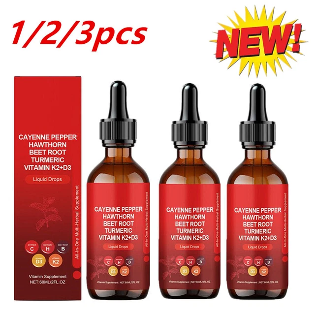 1/2/3X CAYENNE PEPPER Hawthorn Beet Root Turmeric Vitamin K2+D3 Drops ...