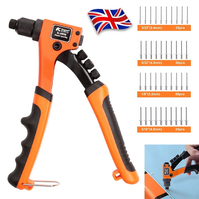 HEAVY DUTY HAND Riveter Rivet Plier Gun Kit with 150 Rivets 4 Nozzle ...