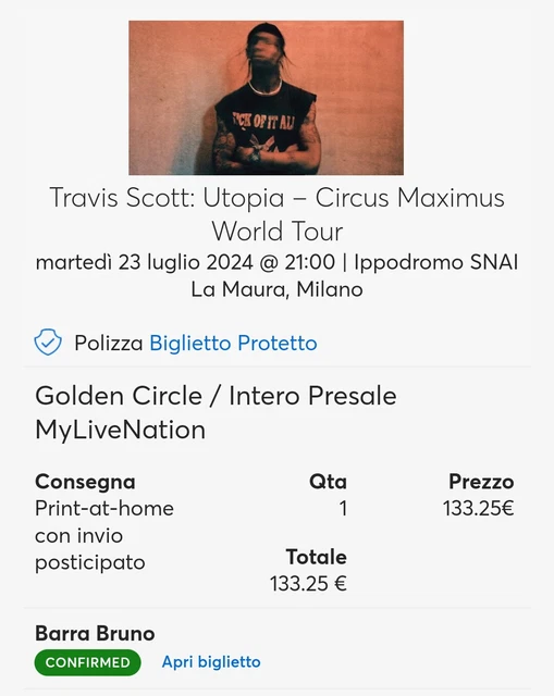 BIGLIETTO-GOLDEN CIRCLE (PIT)-CONCERTO Travis Scott 23/07/2024 ...