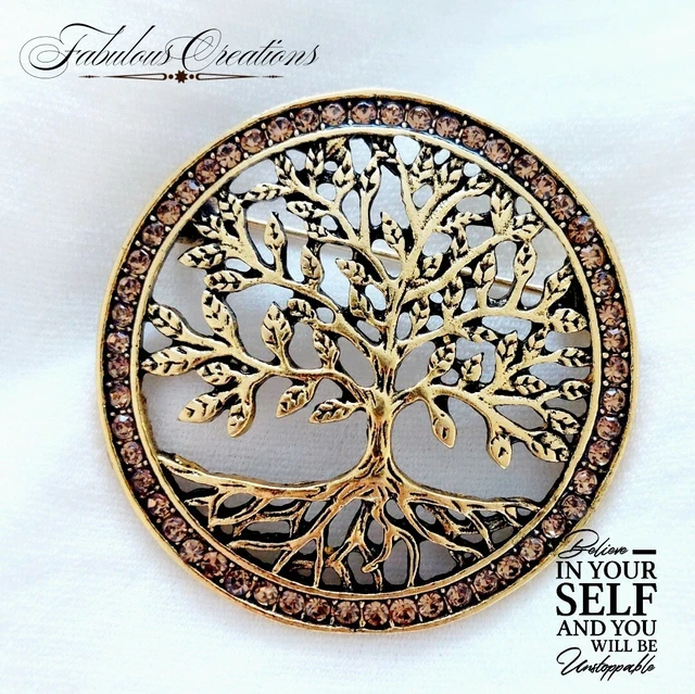 LUXURY VINTAGE GOLD tone Family Tree of Life Brooch Crystal Broach Pin ...