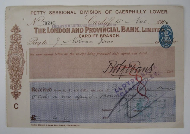 ANTIQUE CHEQUE LONDON & Provincial Bank Petty Sessional Div Of ...