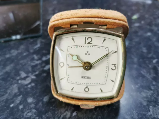 VINTAGE GERMAN PETER Folding Leather Travel Alarm Clock. Good WORKING ...