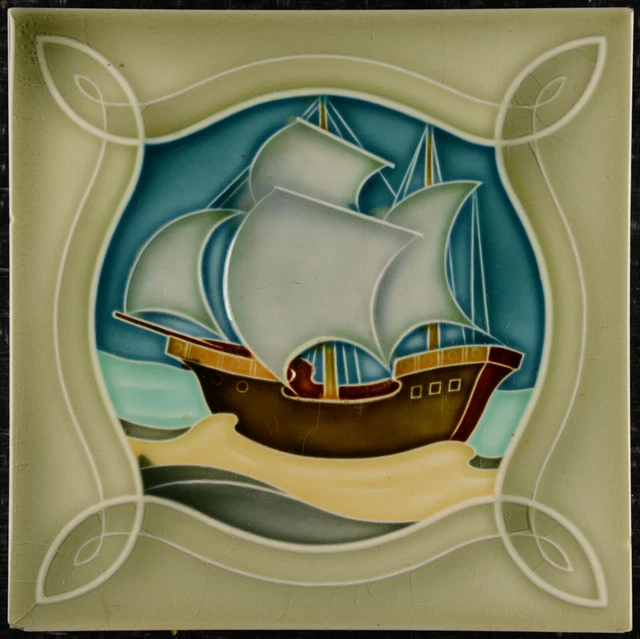 ATTRACTIVE ORIGINAL Art Nouveau tile C 1900 NstG Grohn ship at sea £78. ...