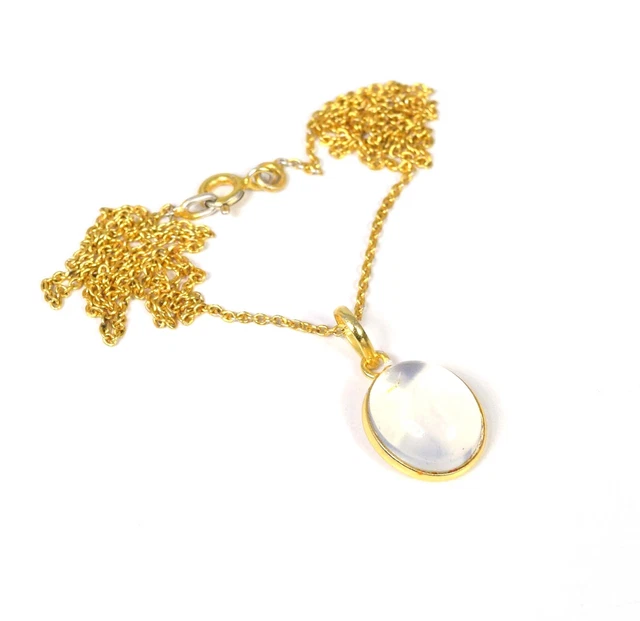 925 SOLID STERLING Silver 24CT Gold Overlay Milky Opalite Chain Pendant ...