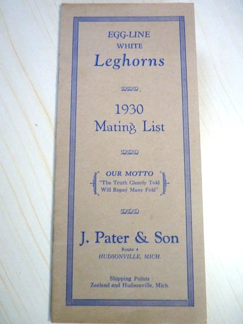 EGG-LINE LEGHORN 1930 Mating List Pater Son Advertising Catalog Booklet ...