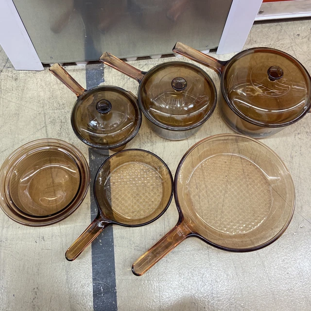 VINTAGE 9 PIECE Lot of Corning Visions Corning Ware Pyrex Amber Glass ...