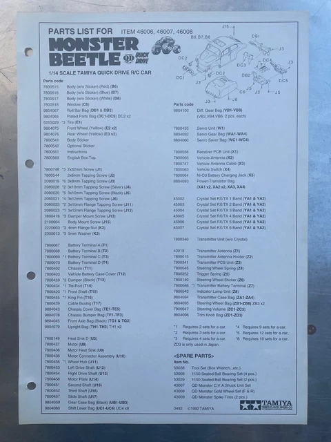 TAMIYA ORIGINAL PARTS List from Tamiya Service guide QD Monster Beetle ...
