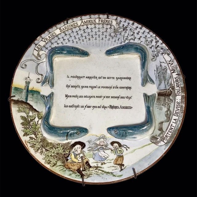 ASSIETTE PUBLICITAIRE ANNÉES 1900 décor sardines amieux freres diam 23.5 cm EUR 36,99 - PicClick FR