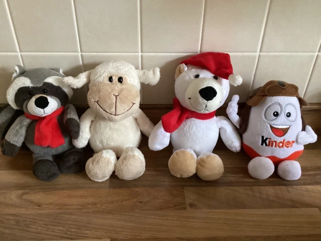 4 X KINDER Ferrero Soft Toy Bundle Cream Lamb Sheep Polar Bear Raccoon ...