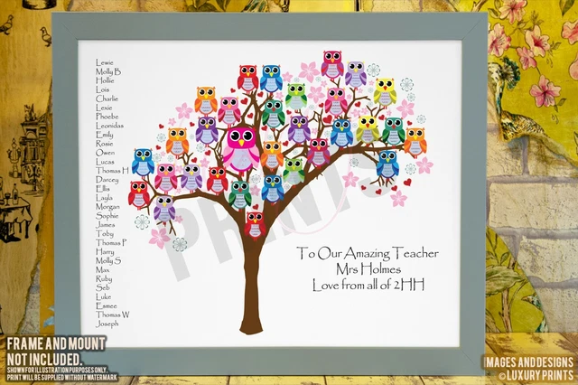 PERSONALISED TEACHER THANK YOU CLASS TREE OWL School Print Gift Leaving ...