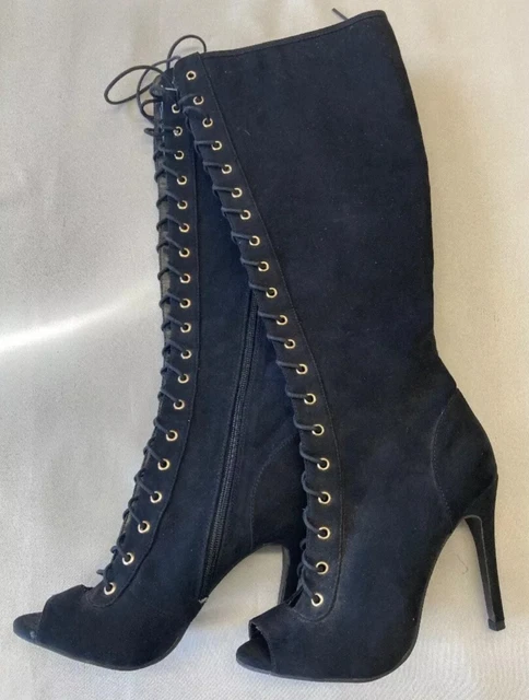 NEW LOOK BLACK Lace Open Toe Stiletto Heel Knee High Boots UK 5 Fetish ...