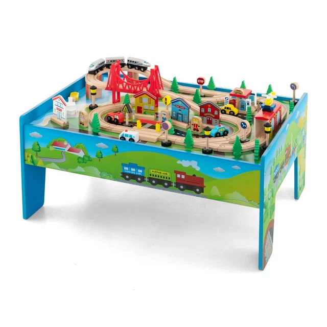 80 PCS KIDS Wooden Train Track Railway Playset Activity Table W ...