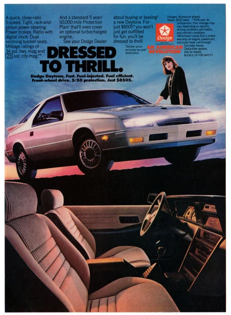 1985 DODGE DAYTONA Vintage Original Print AD White interior car photo ...