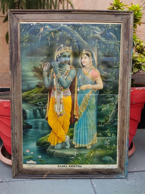 HINDU GOD KRISHNA With Radha Old Rare Vintage Lithograph Print Frame 23 ...