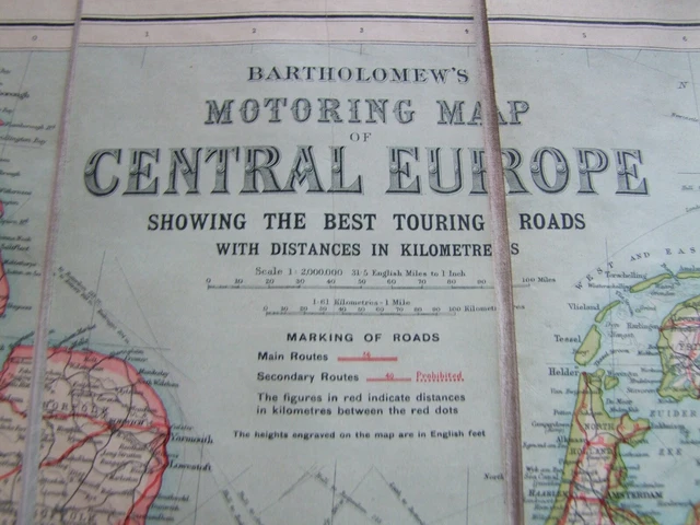 CARTE EN TISSU BARTHOLOMEW'S contour motoring map of Europe centrale ...