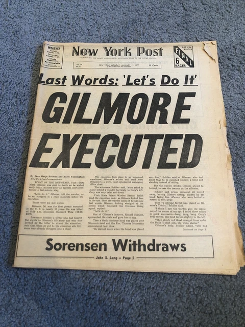 GARY MARK GILMORE giustiziato 17 gennaio 1977 New York Post giornale ...