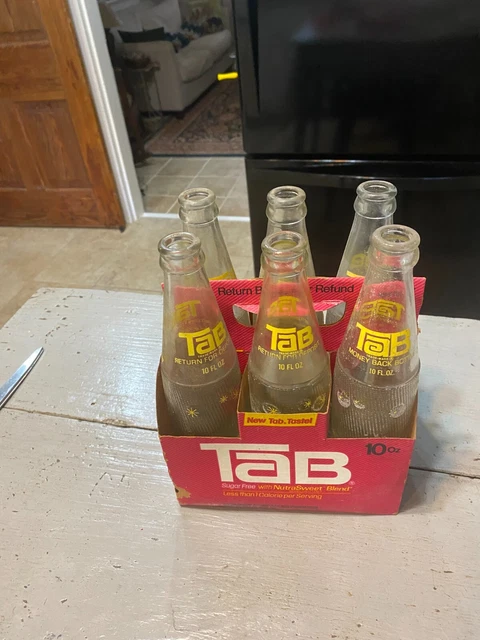 6 PACK VINTAGE TaB Bottle Coca Cola 10 oz Starburst Yellow Letters With ...