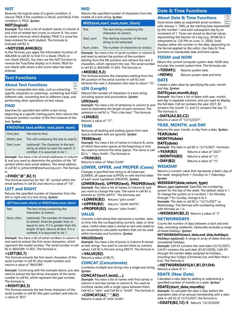MICROSOFT EXCEL FORMULAS and Functions Quick Reference Training Cheat ...