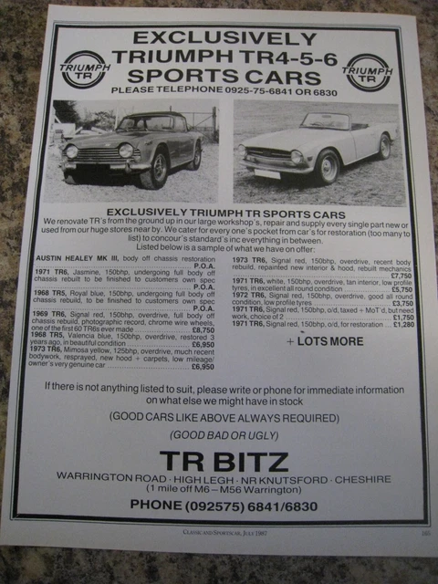 TR BITZ TRIUMPH Tr Exclusively Triumph Sports Cars 1987 Advert A4 Size File 19 £1.99 - PicClick UK