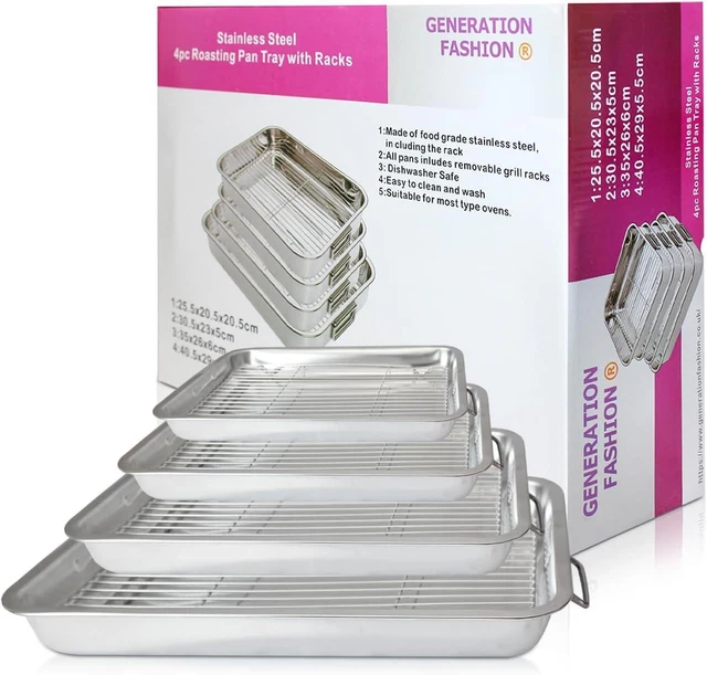 4 PCS PROFESSIONAL Stainless Steel Roasting Trays Removable Rack Sturdy ...